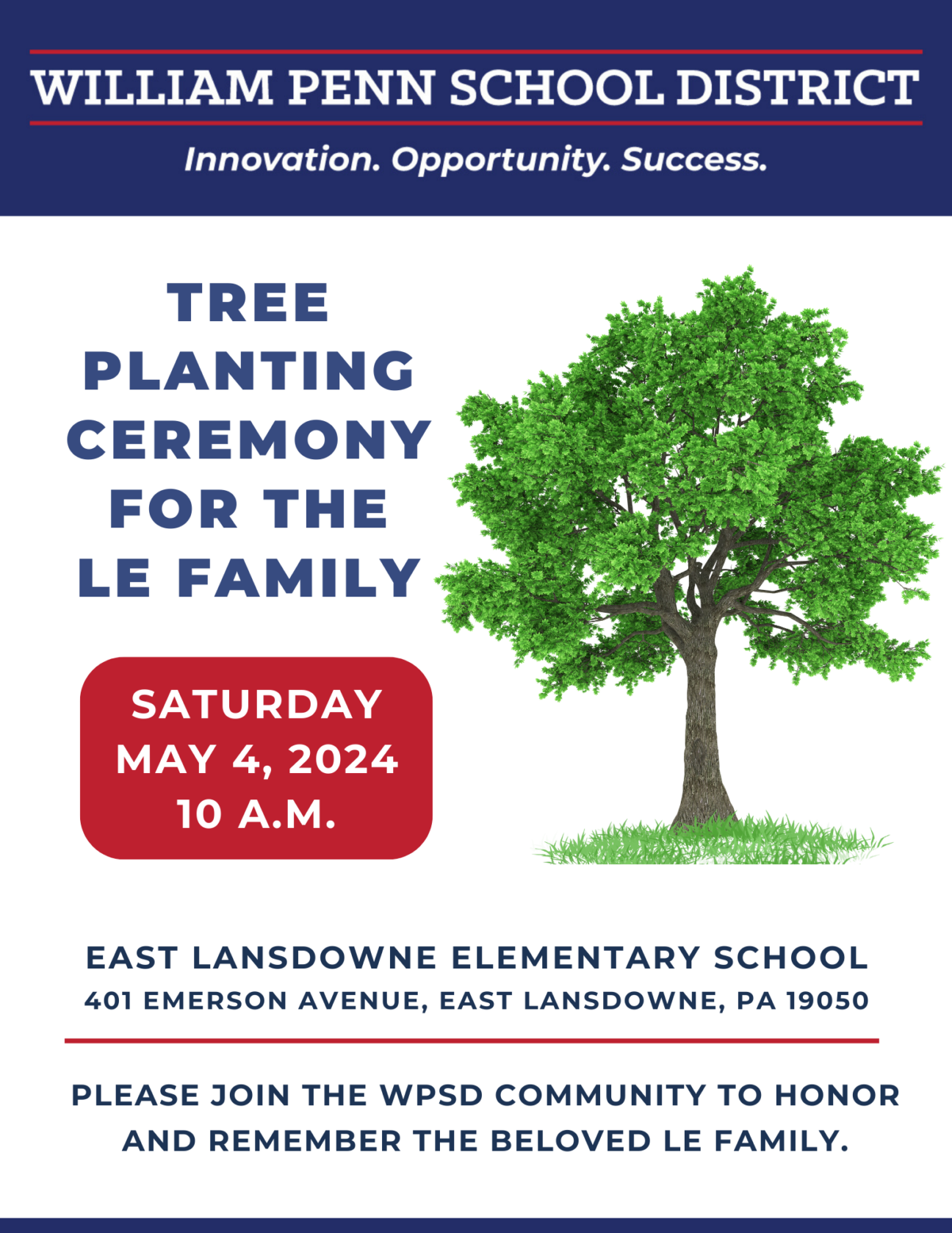 Tree Planting Ceremony in Honor of Le Family on May 4, 2024 - WPSD